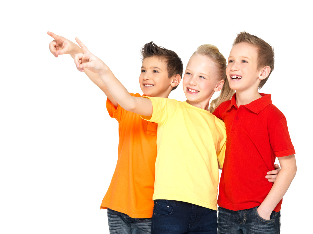 portrait-happy-children-point-by-finger-something-away-isolated-white ...